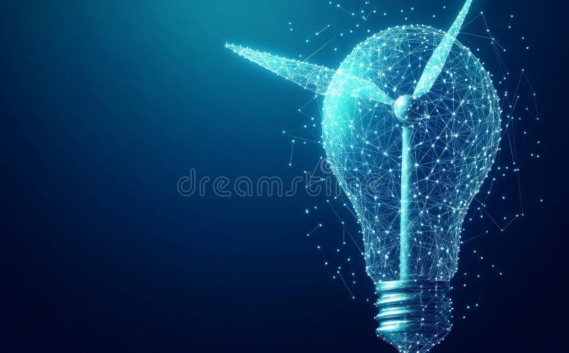 A Blue Glowing Light Bulb Inside a Wind Turbine. a Renewable Power ...