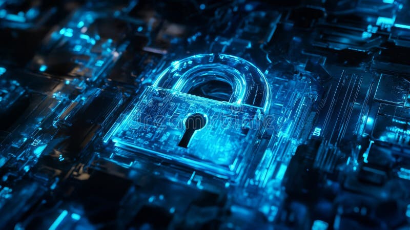 Blue Glowing Lock Symbol on a Circuit Board Stock Illustration ...