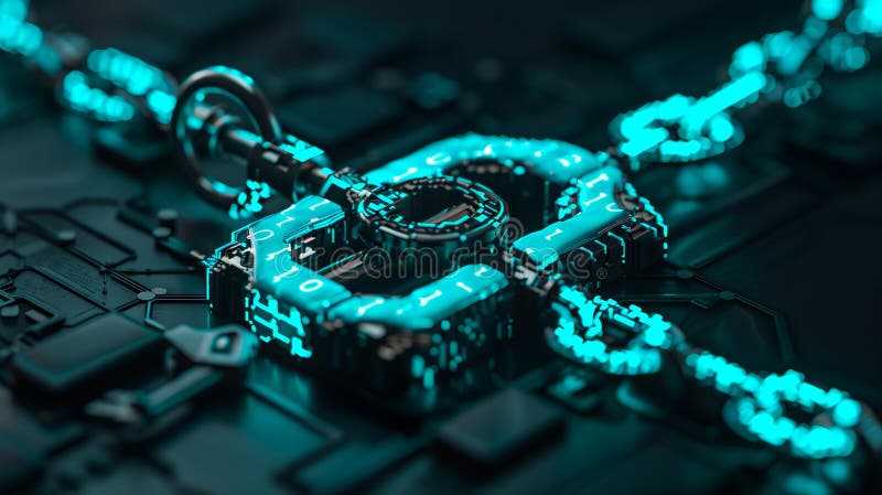 A Blue Glowing Lock on Top of a Computer Chip Stock Photo - Image of ...