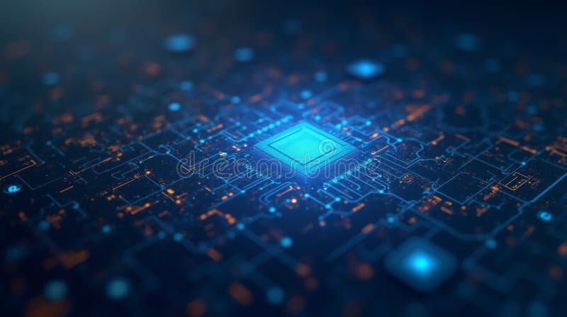 Blue Glowing Microchip on a Complex Digital Circuit Board Background ...