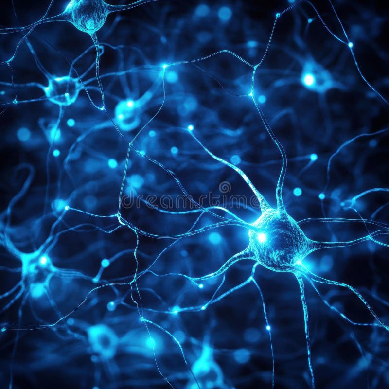 Blue Glowing Neurons Connected in a Complex Network Under a Dark ...