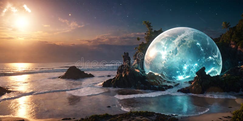 Blue Glowing Orb on an Alien Exoplanet. Alien World Stock Illustration ...