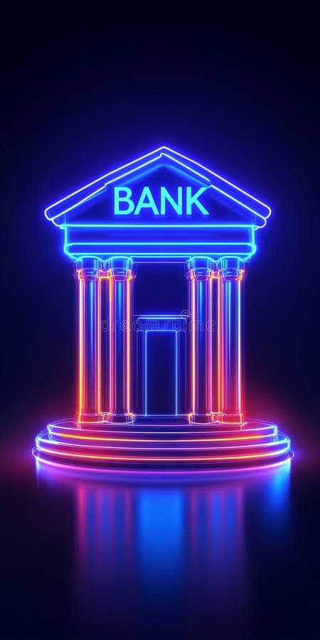 Blue Glowing Outline of a Classical Bank Building Design Glowing Inside ...