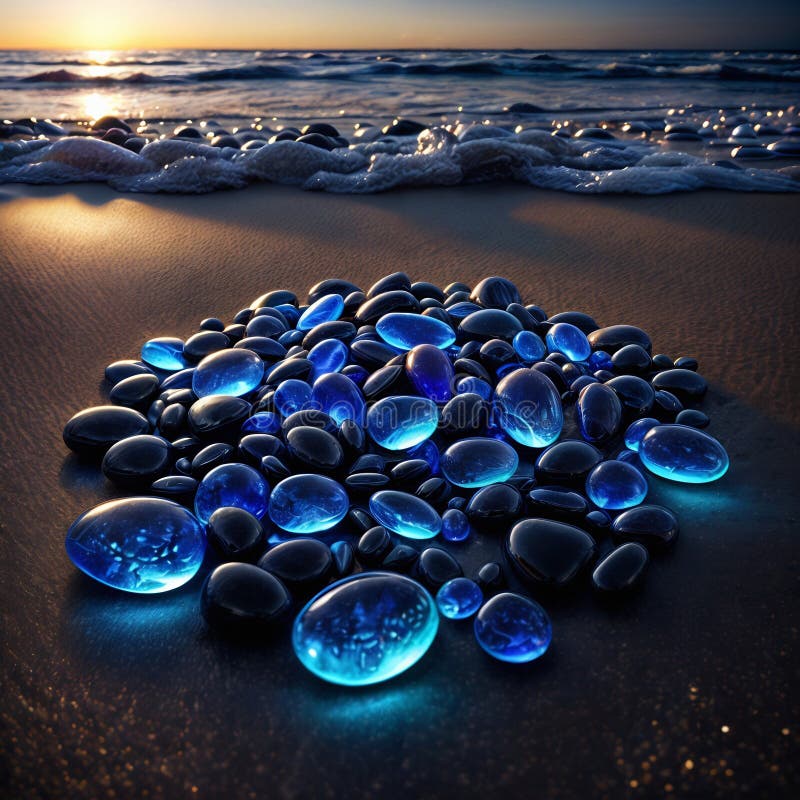 Blue Glowing Pebbles on the Sandy Beach of the Ocean Stock Illustration ...