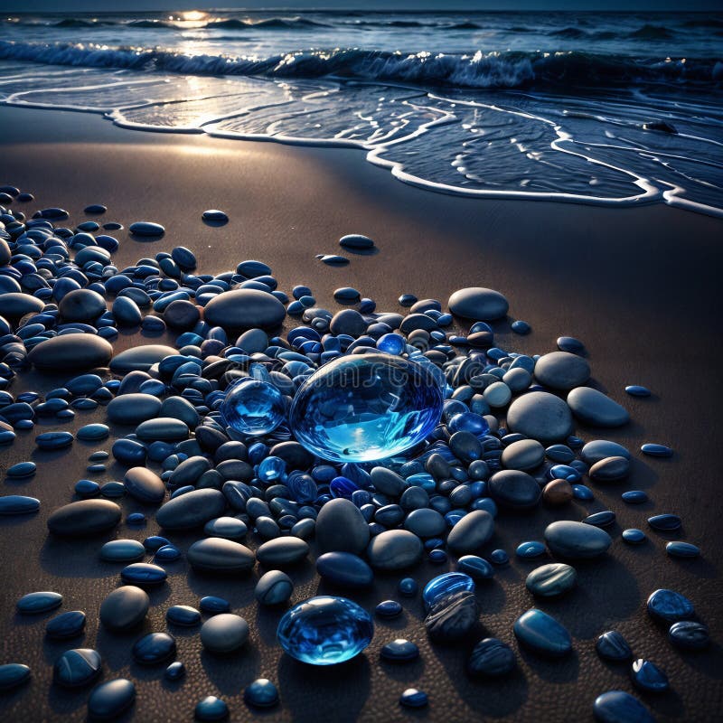 Blue Glowing Pebbles on the Sandy Beach of the Ocean Stock Illustration ...