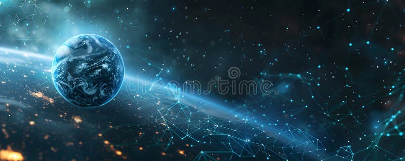 Blue Glowing Planet Earth with Network Grid in Space Stock Illustration ...