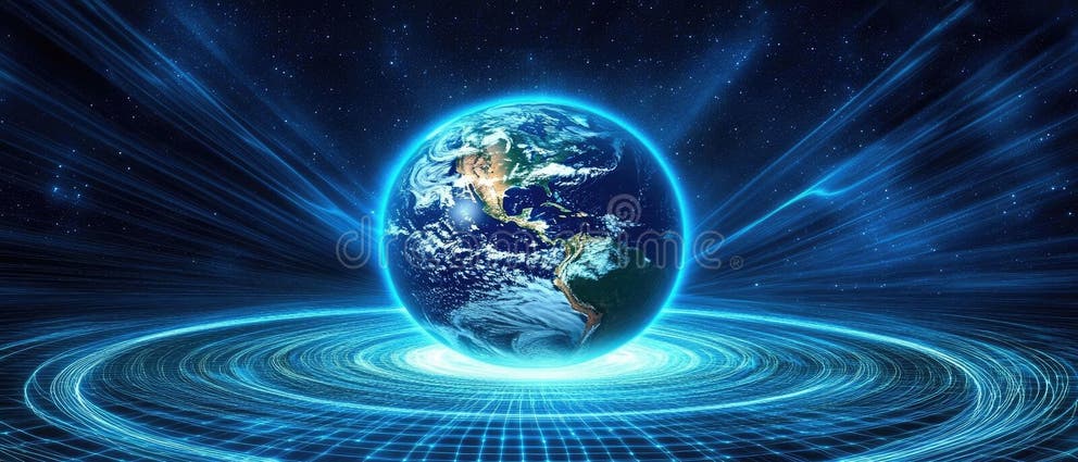 Blue Glowing Planet Earth in Space with Light Rays Stock Illustration ...