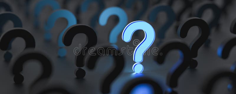 Blue Glowing Question Mark on Right Side with Other Questions, on Dark ...