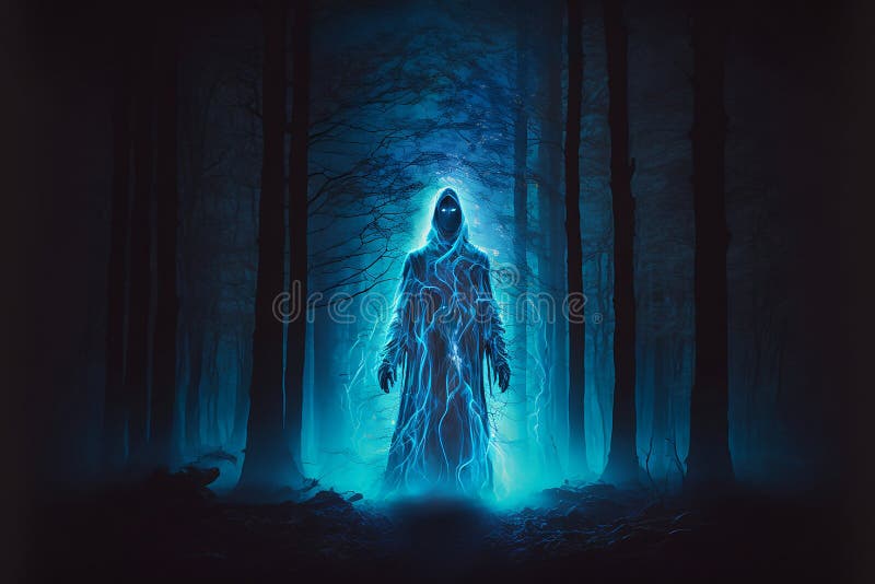 Blue Glowing Scary Ghost in Night Forest Stock Illustration ...
