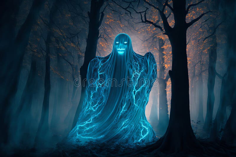 Blue Glowing Scary Ghost in Night Forest Stock Illustration ...