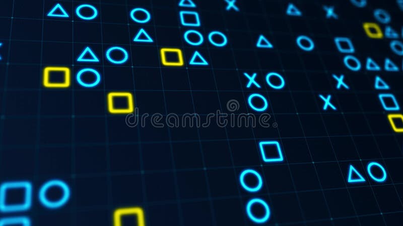 Blue Glowing Shapes Matrix on a Grid. Bokeh Effect, Horizontal ...