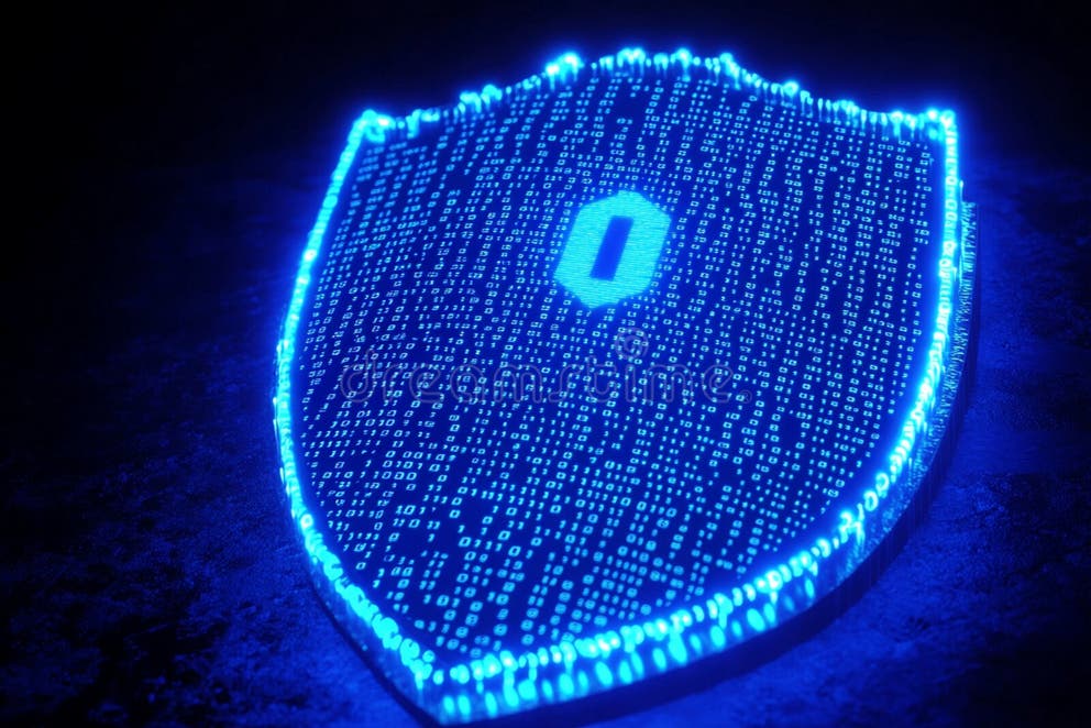 Blue Glowing Shield with Binary Code and Numbers on Background Stock ...