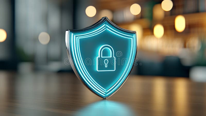 Blue Glowing Shield Icon with Lock Symbol in a Professional Workspace ...
