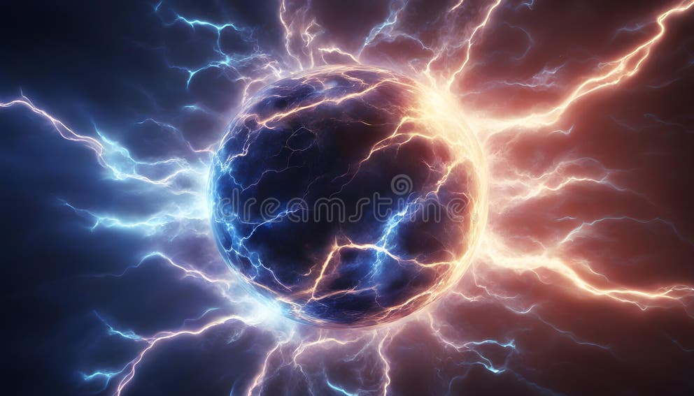 Blue Glowing Spherical High Energy Plasma Lightning in Space Stock ...