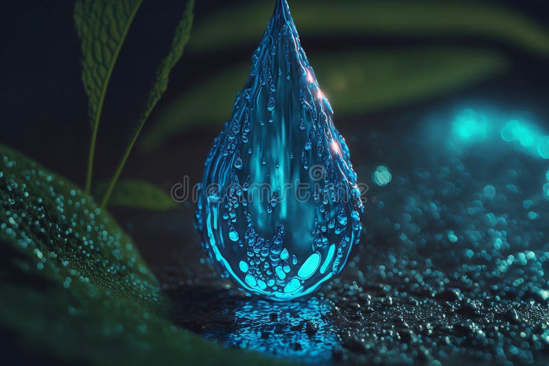 Blue Glowing Water Drop on Dark Blue Background Stock Illustration ...