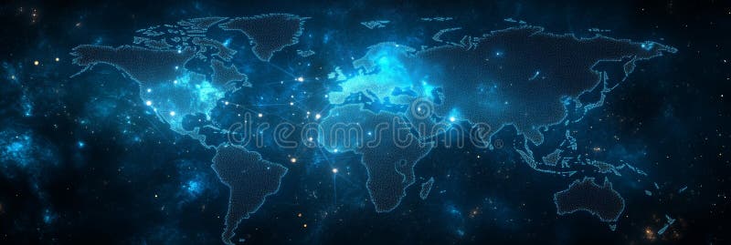 Blue Glowing World Map with Connecting Lines, Depicting Global Network ...