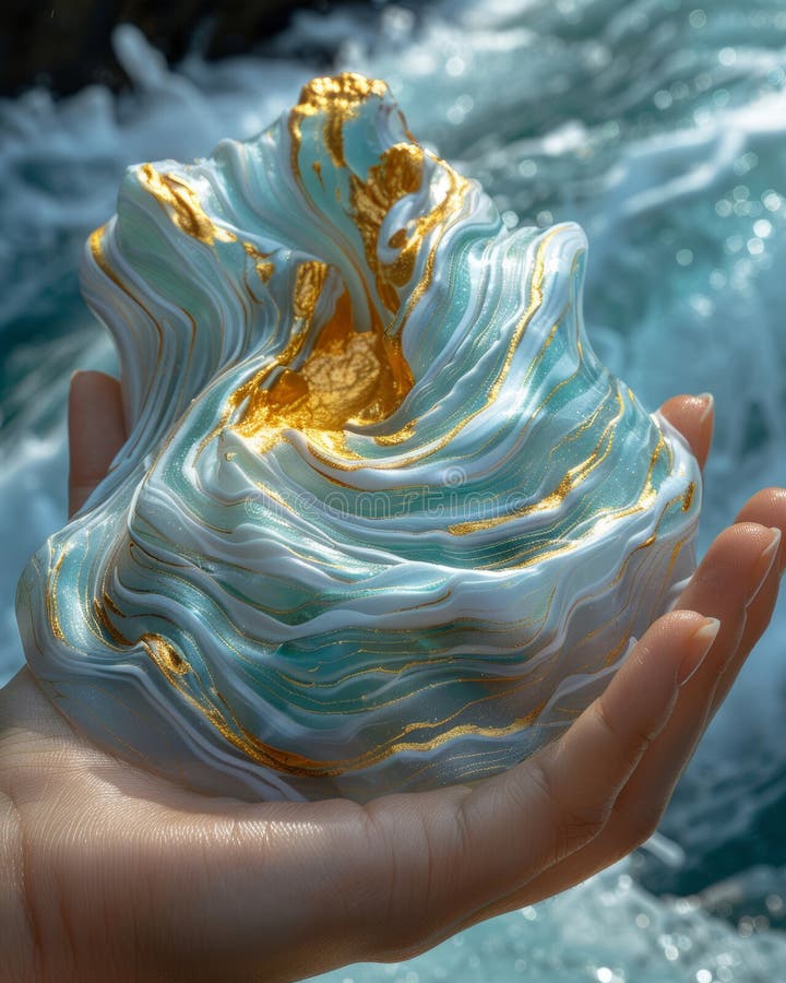 Blue and Gold Abstract 3D of a Fluid Shape Resembling a Glacier or Lava ...