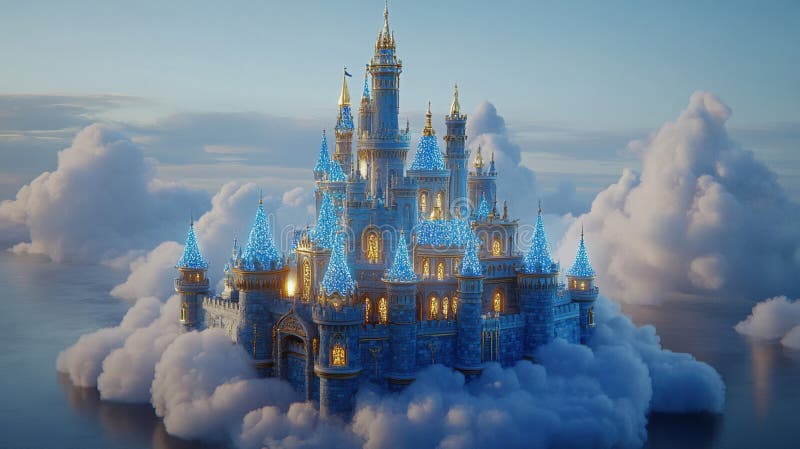 Blue and Gold Castle among Clouds Stock Illustration - Illustration of ...