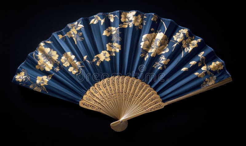 A Blue and Gold Fan with Flowers on it Stock Photo - Image of design ...