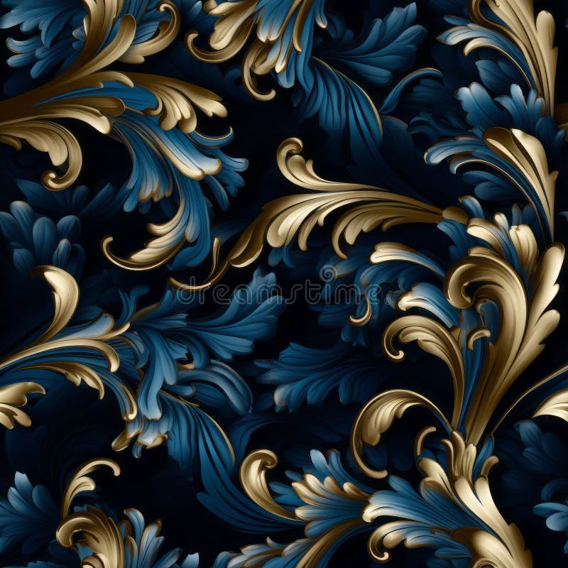 Blue and Gold Floral Pattern Seamless on Black Background Stock ...