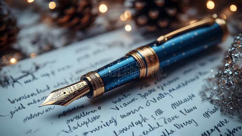 Blue and Gold Fountain Pen on Paper with Handwritten Text - Realistic ...
