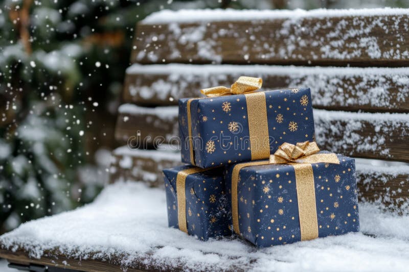 Blue and Gold Gift Boxes Wrapped in Snow on a Wooden Bench Stock ...