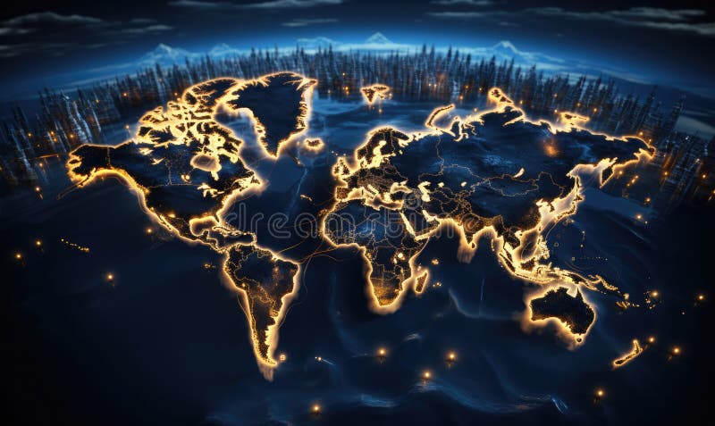 Blue and Gold Glowing 3D World Map with Glowing City Lights Stock ...