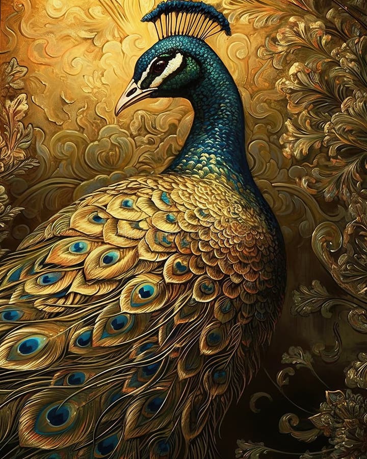 Blue Gold And Green Peacock Ornate Detailed Luxury Winged Bird