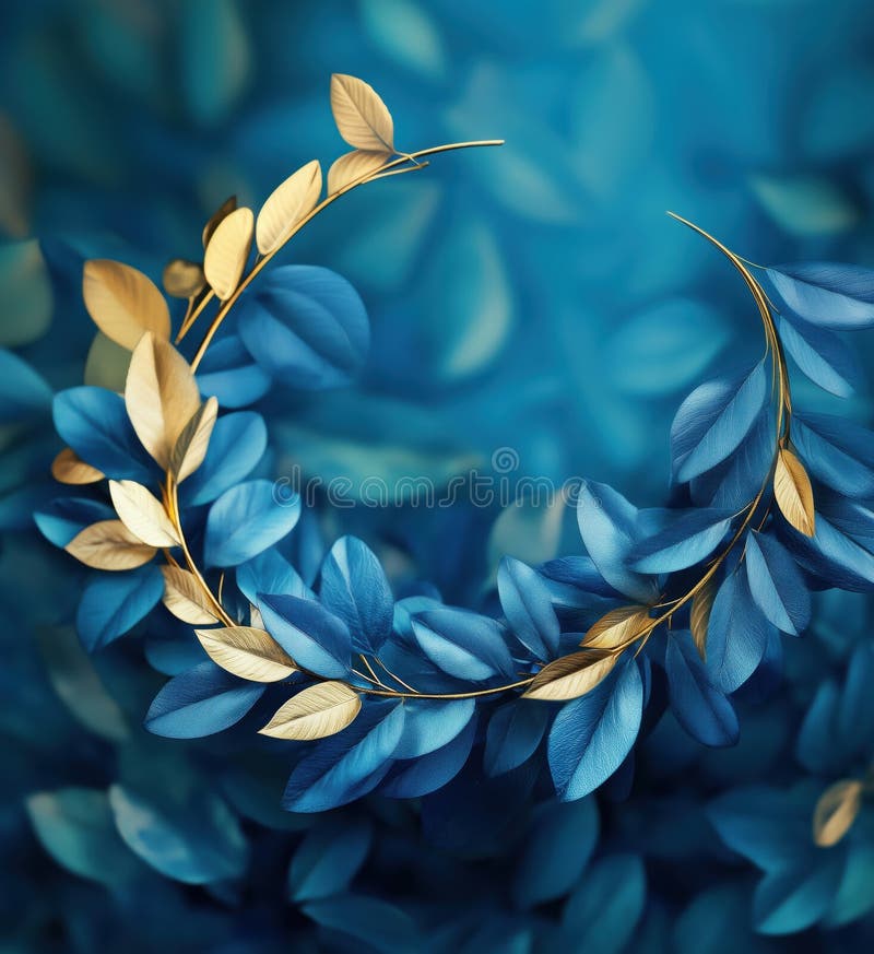 Blue and Gold Leaf Arrangement, Elegant Circular Design with Blue and ...
