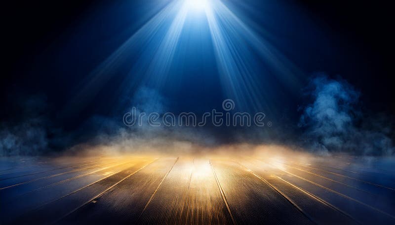 Blue and Gold Light Stage Hall Background, Spotlight Black Brick Floor ...