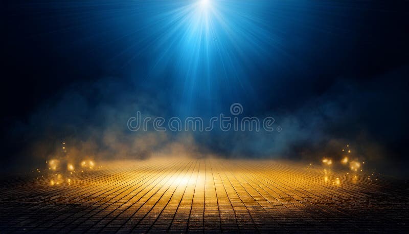 Blue and Gold Light Stage Hall Background, Spotlight Black Brick Floor ...
