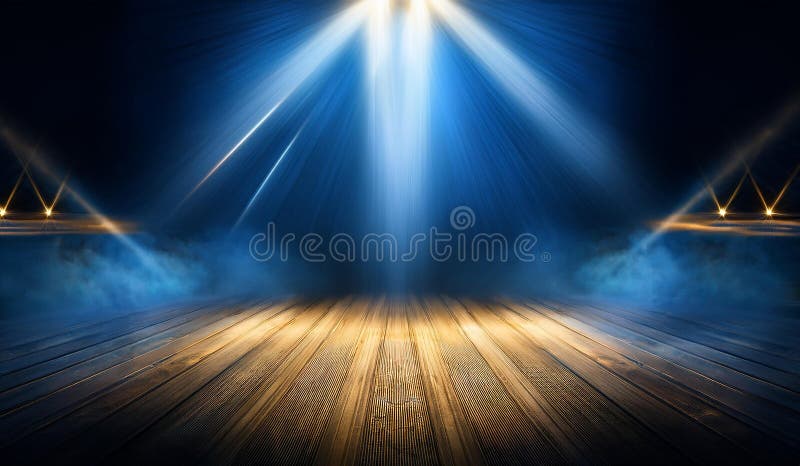 Blue and Gold Light Stage Hall Background, Spotlight Black Brick Floor ...