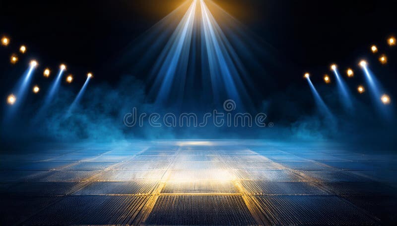 Blue and Gold Light Stage Hall Background, Spotlight Black Brick Floor ...