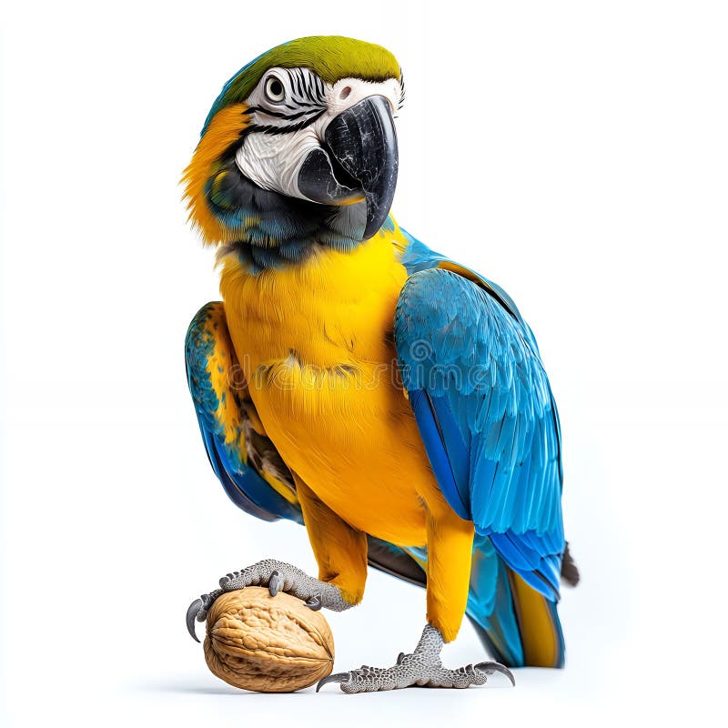 A Blue and Gold Macaw Stands on a White Background Holding a Walnut ...
