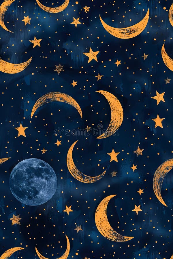 A Blue and Gold Moon and Stars Pattern Stock Image - Image of generated ...