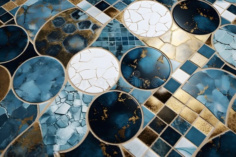 Blue Gold Mosaic Tiles. Neural Network AI Generated Stock Illustration ...
