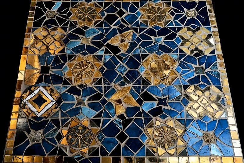 Blue Gold Mosaic Tiles. Neural Network AI Generated Stock Illustration ...