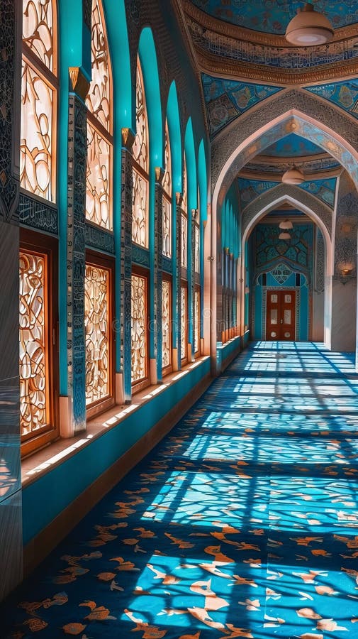 A Blue and Gold Mosque with Windows and Arches Stock Photo - Image of ...