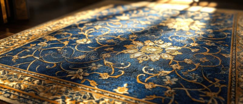 Blue and Gold Ornate Rug Detail Illuminated by Sunlight Stock ...