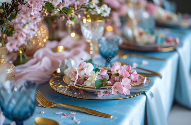 Blue, Gold, and Pink Table Setting Stock Illustration - Illustration of ...