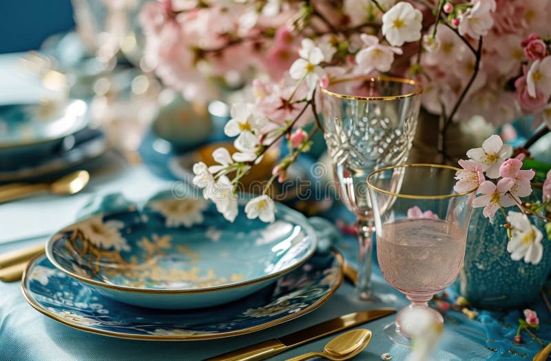 Blue, Gold, and Pink Table Setting Stock Photo - Image of napkins ...