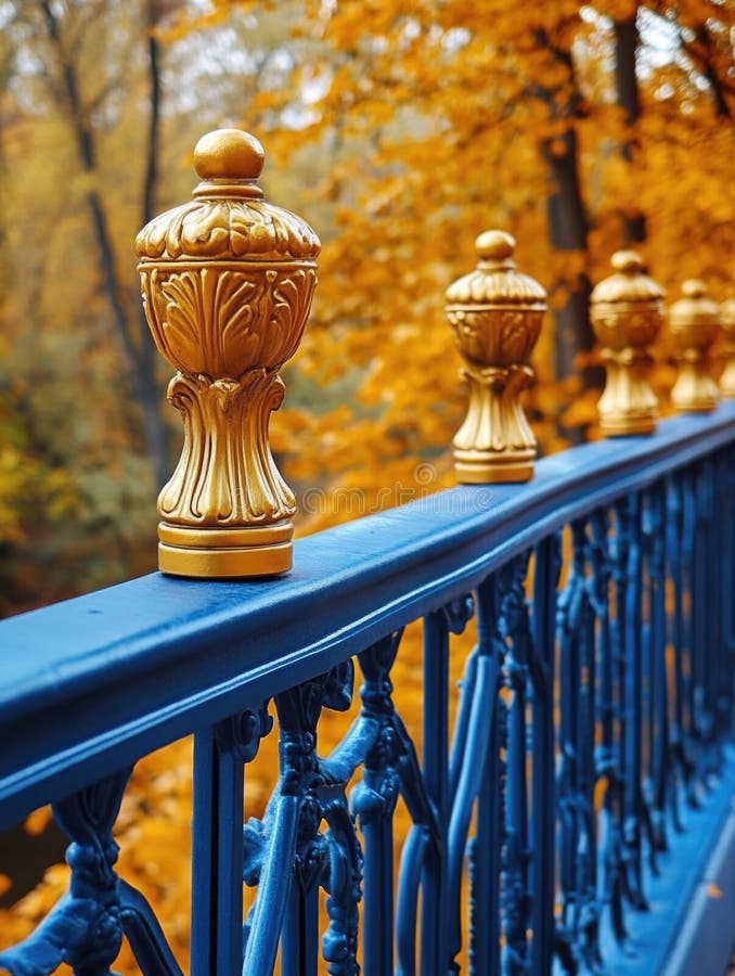 Blue and Gold Railing with Tree Stock Image - Image of landscape ...