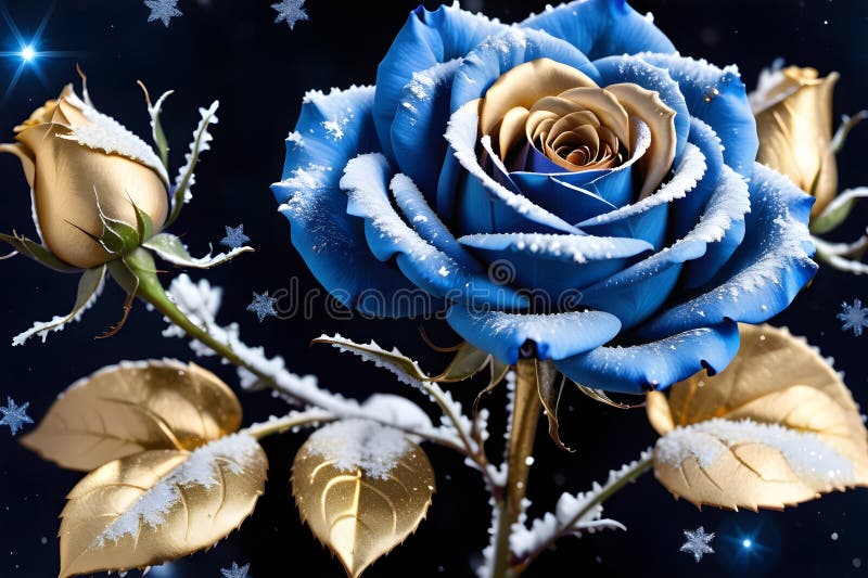 Blue and Gold Rose Snowy in the Night Stock Illustration - Illustration ...