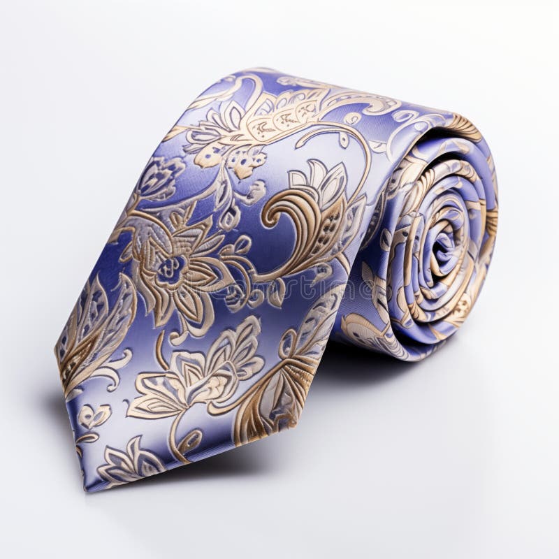 Blue and Gold Silk Necktie with Floral Pattern Rolled Up on a White ...
