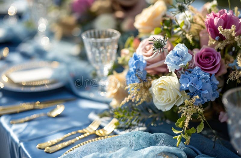 A Blue and Gold Table Setting with Flowers Stock Illustration ...