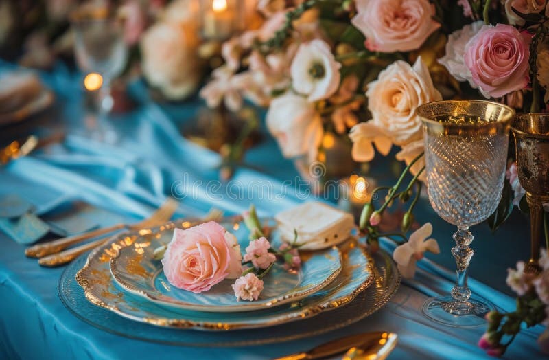 A Blue and Gold Table Setting with Flowers Stock Illustration ...