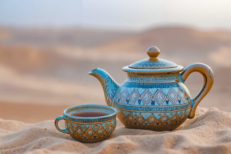 A Teapot and a Cup of Tea Sitting in the Sand in the Desert Stock ...