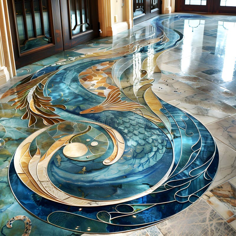 A Blue and Gold Tile Floor with a Fish and a Wave Design. Stock ...