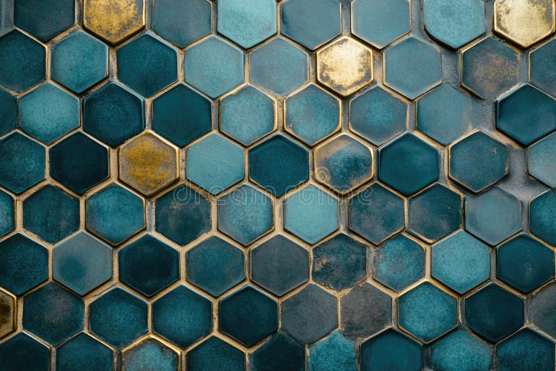 Blue and Gold Tiled Wall with Hexagons Stock Photo - Image of artsy ...