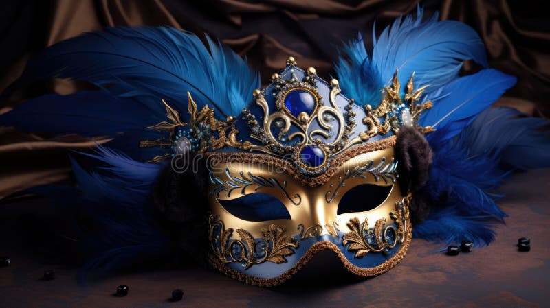Blue and Gold Venetian Carnival Mask with Feathers, Copy Space Stock ...